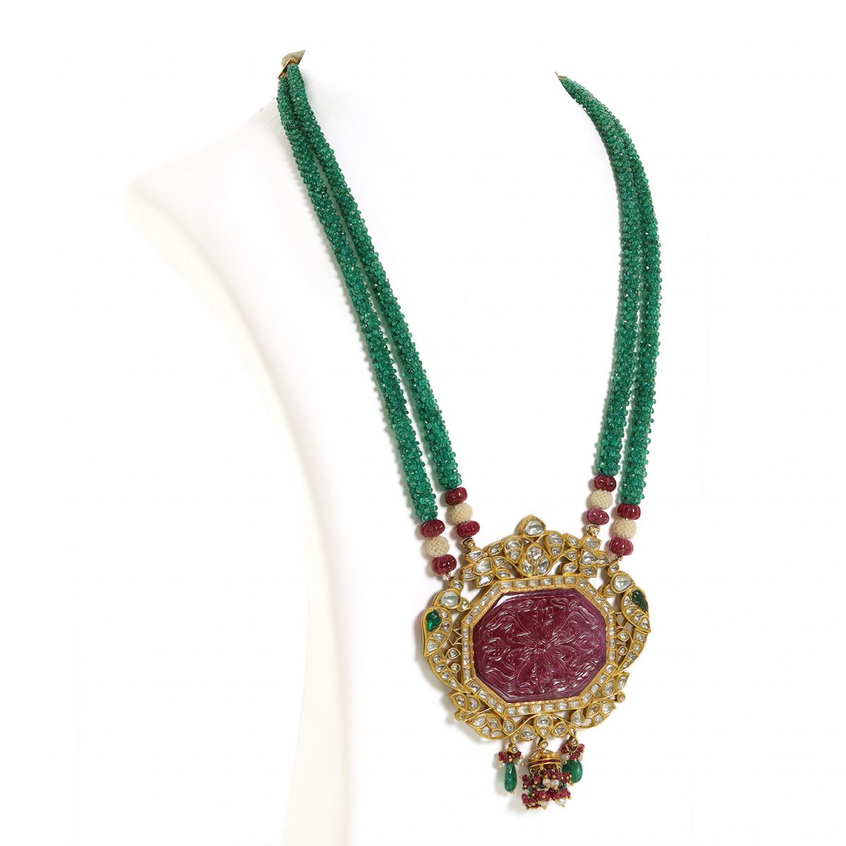 Carved Emerald Strings with Carved Ruby Jadau Polki Pirohee Necklace ...
