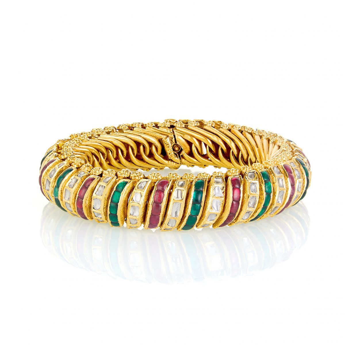 Signature Ruby, Emerald & Polki Jadau Sankhla Bangle - Jaipur Jewels