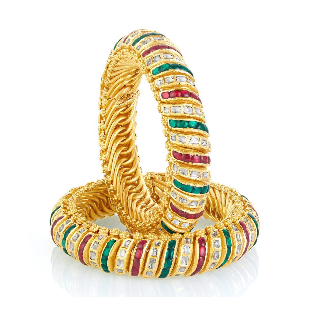 Signature Ruby, Emerald & Polki Jadau Sankhla Bangle - Jaipur Jewels