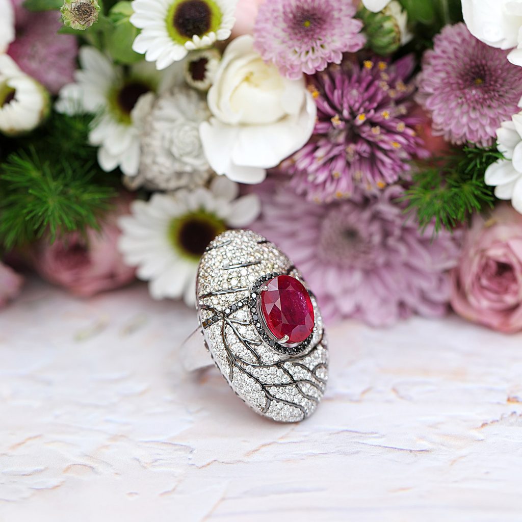 Oval Shaped Designer Ruby Diamond Ring - Jaipur Jewels