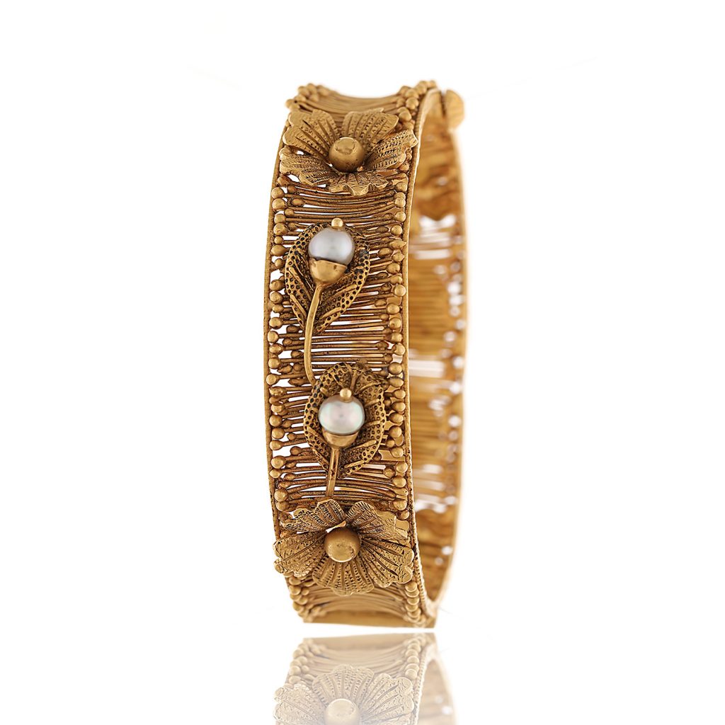 Temple Gold Floral Plain Bangle Studded With Pearl - Jaipur Jewels