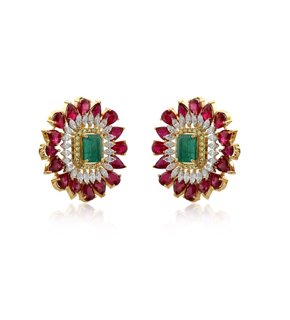 Floral Burmese Ruby And Zambian Emerald Diamond Tops - Jaipur Jewels