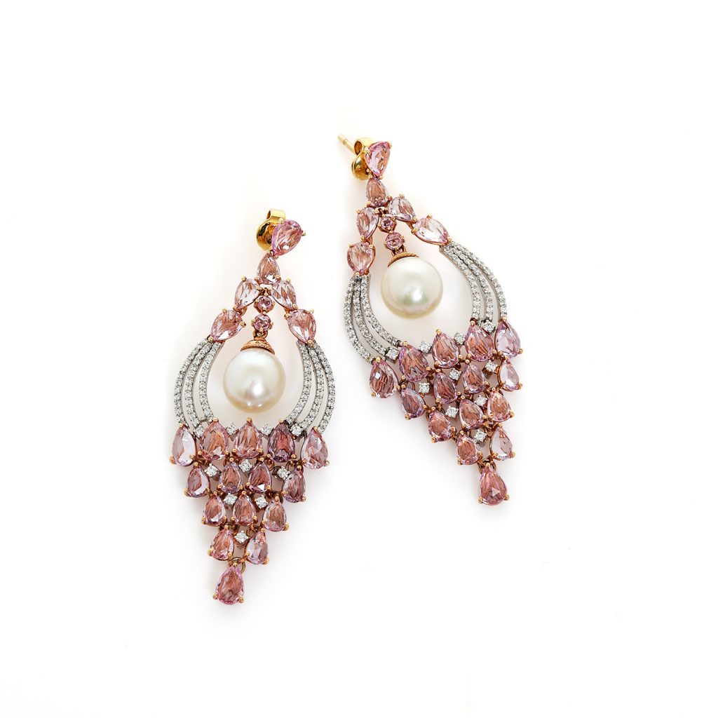 Statement Pink Sapphire And Pearls Diamond Earrings - Jaipur Jewels